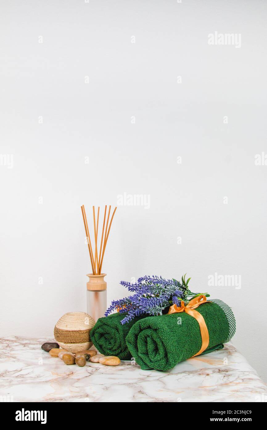 Spa objects and elements on a marble table and white background Stock ...