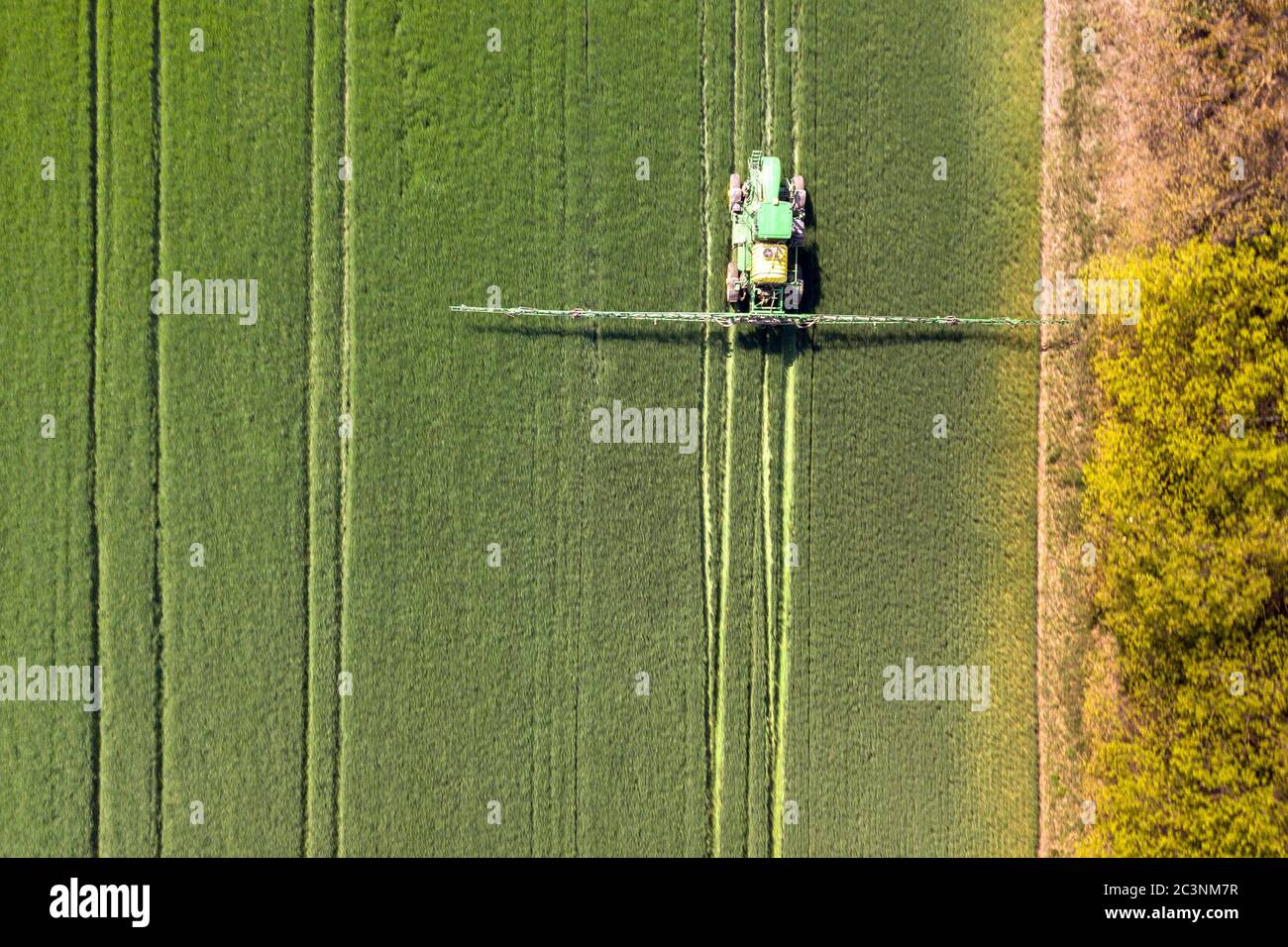Tractor spraying chemical pesticides with sprayer on the large green ...