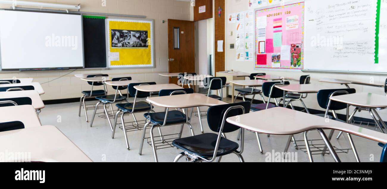 West Islip, New York, USA - 3 June 2020: A high school classroom left ...