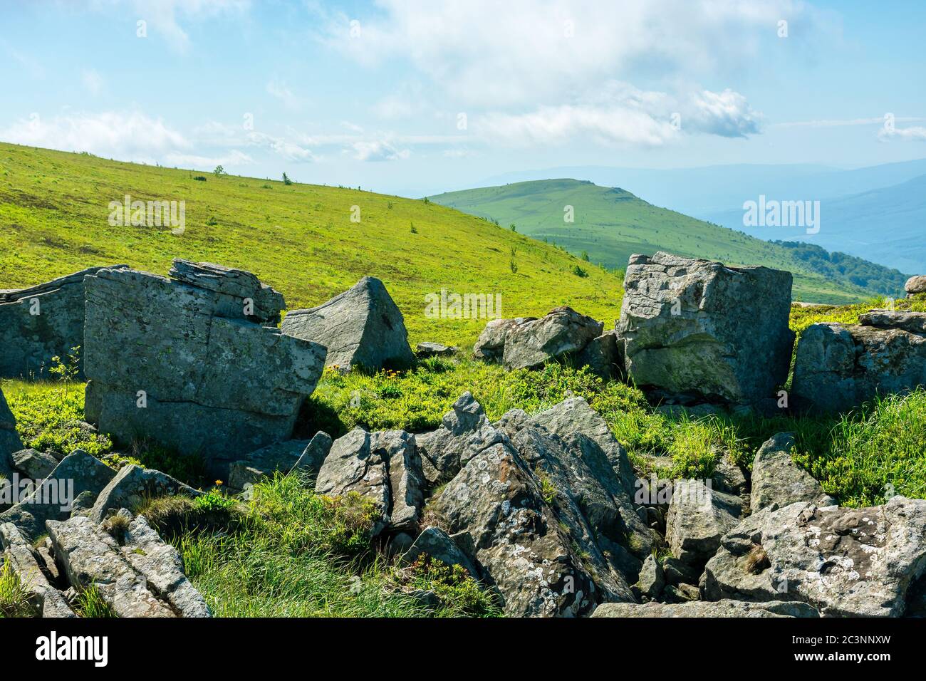 mountain landscape. white sharp stones on the hillside in morning ...
