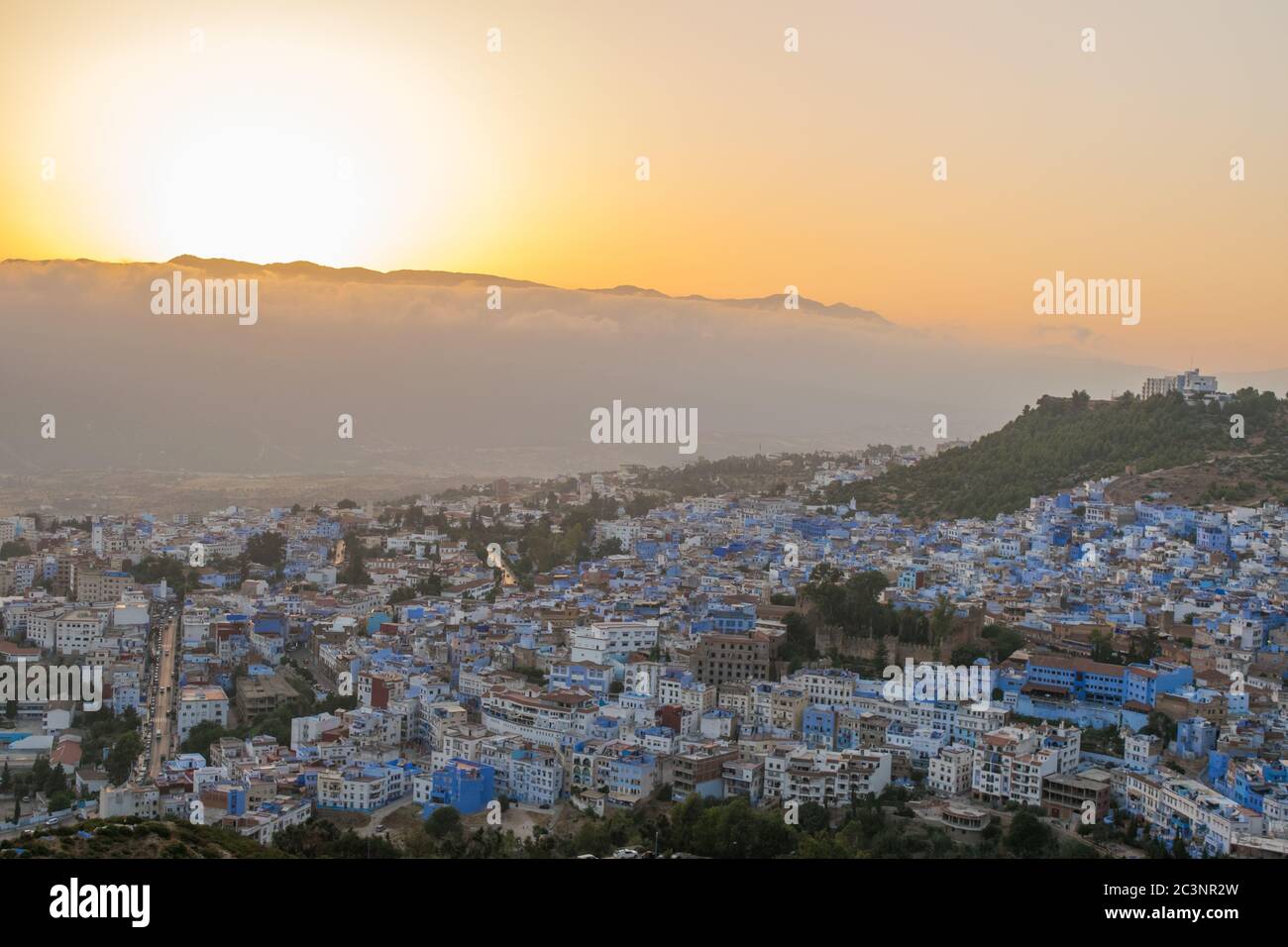 CHEFCHAOUEN, MOROCCO - Aug 31, 2018: Sunset over the blue Moroccan town ...