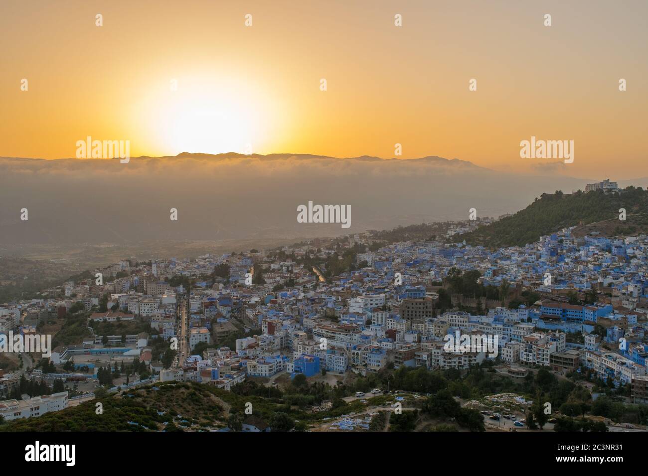 CHEFCHAOUEN, MOROCCO - Aug 31, 2018: Sunset over the blue Moroccan town ...