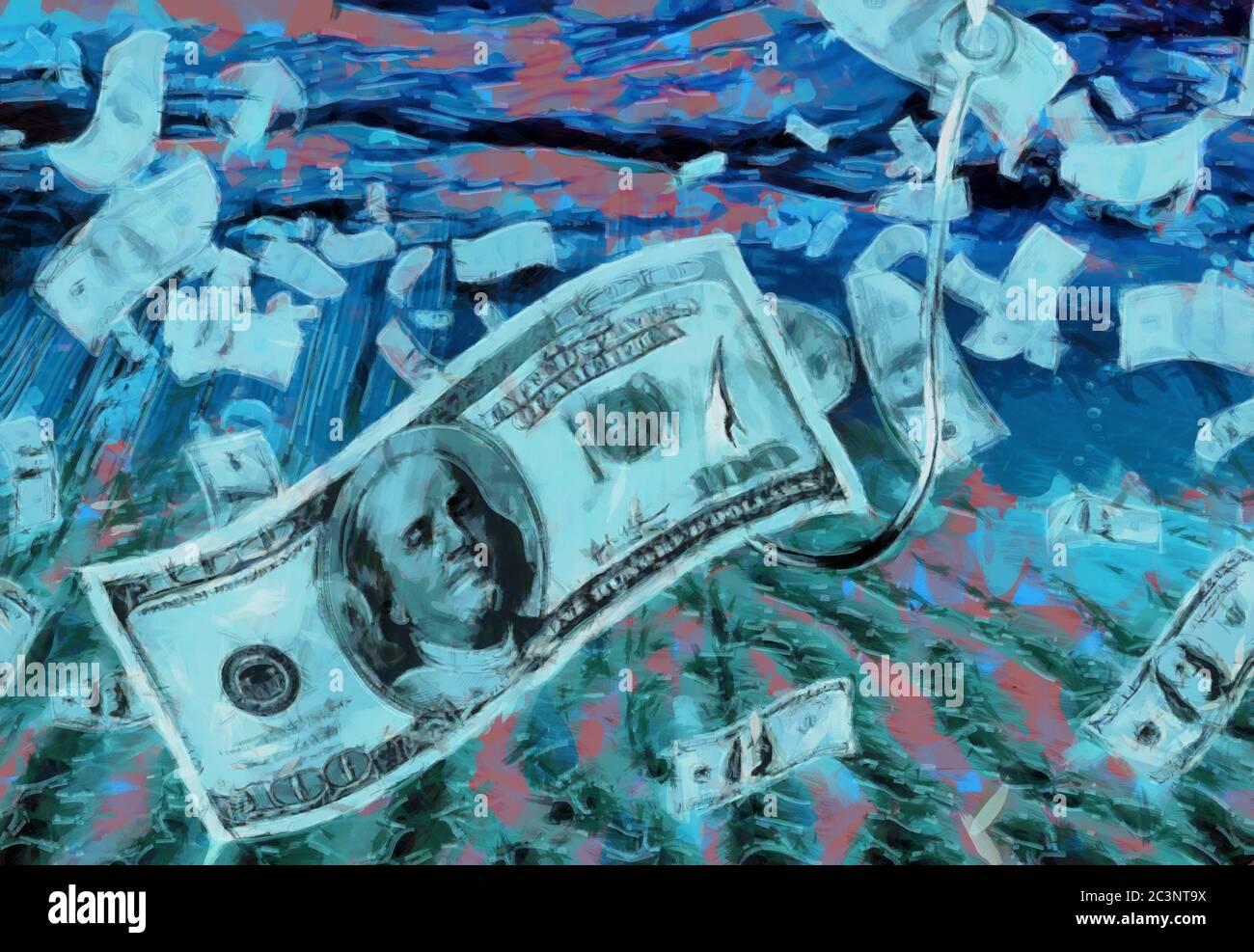 Surreal painting. Hundred dollars banknote on hook Stock Photo - Alamy