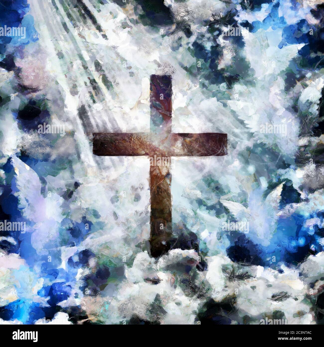 Christian cross in rays of light. Angels flies around Stock Photo - Alamy