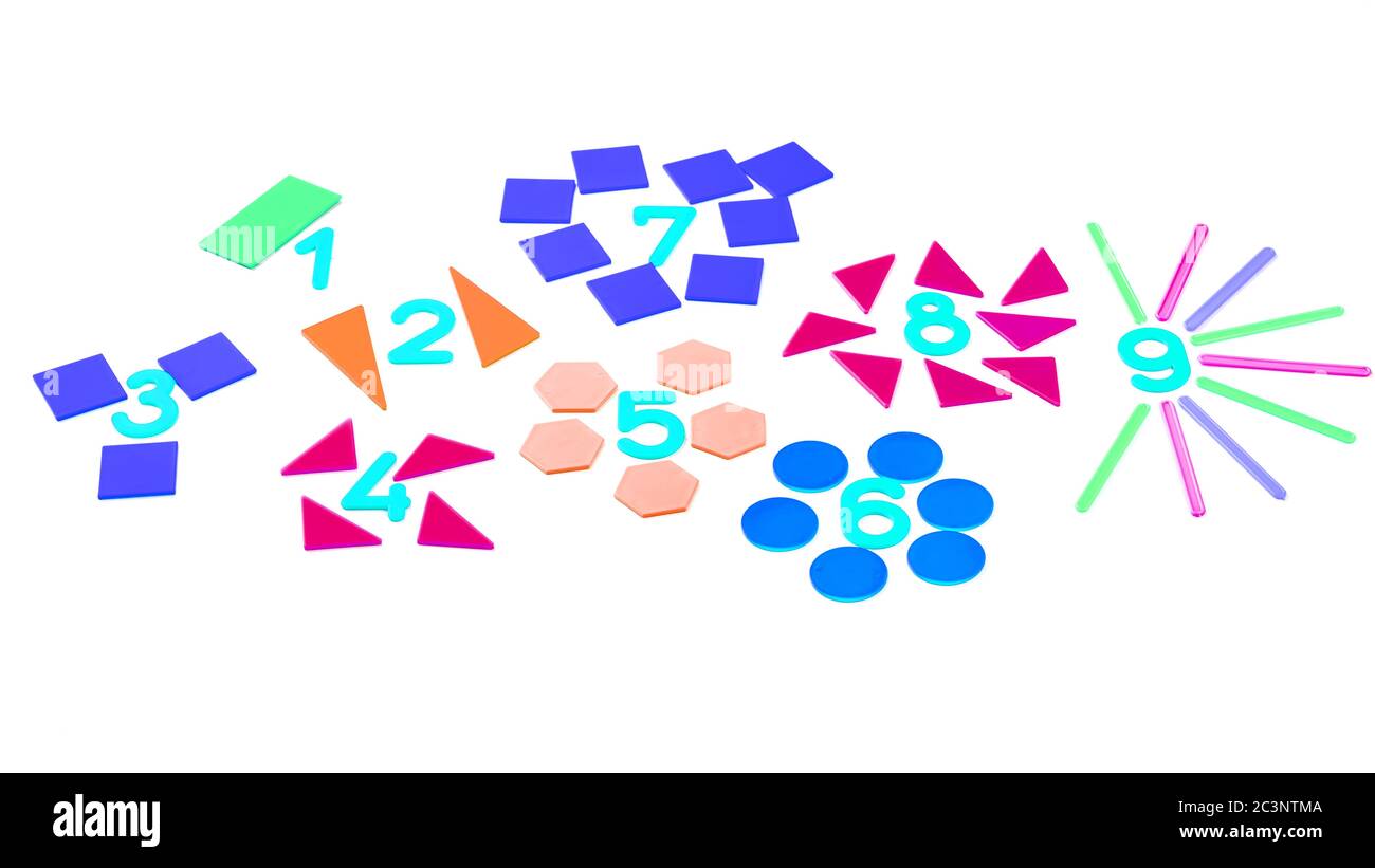 Colorful figures and numbers for children on a white background. A tool ...