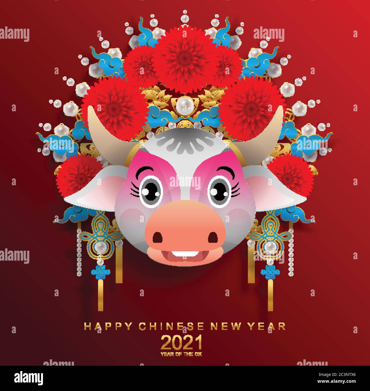 Chinese new year 2021 year of the ox , red paper cut ox character ...