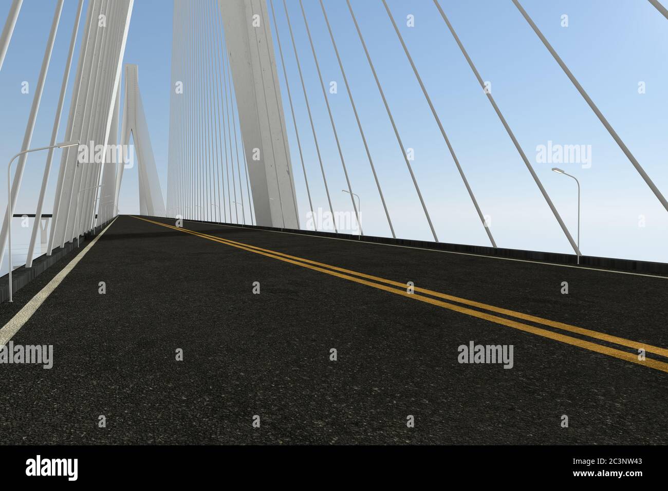 Asphalt road on the suspension bridge, 3d rendering. Computer digital ...