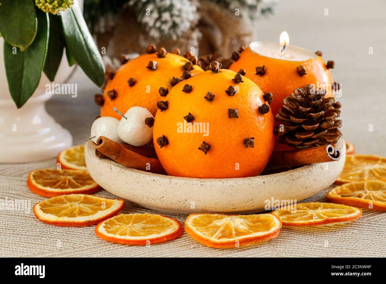 Orange pomander balls. Tradittional Christmas decoration. Festive time ...