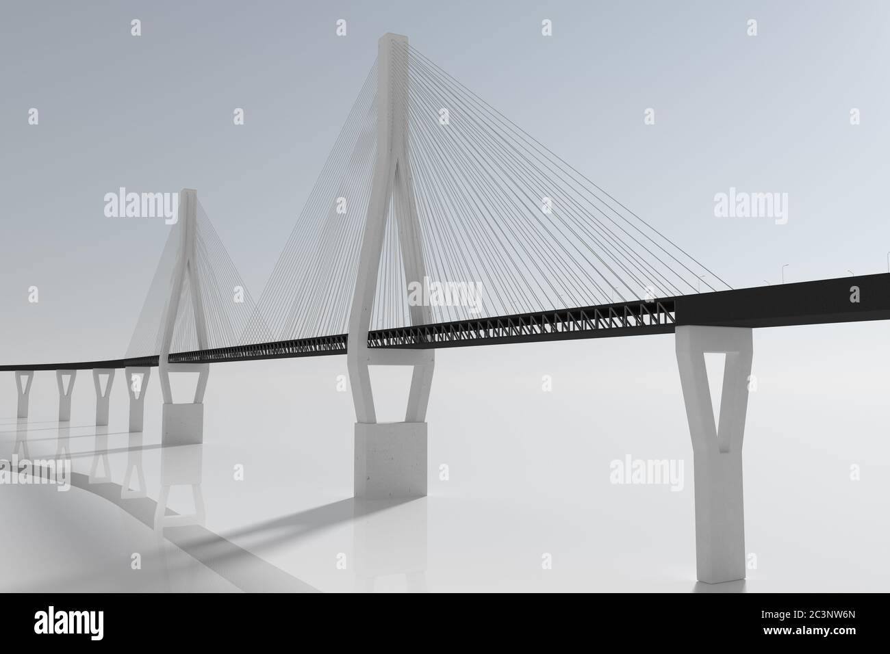 Suspension bridge with white bridge, 3d rendering. Computer digital ...