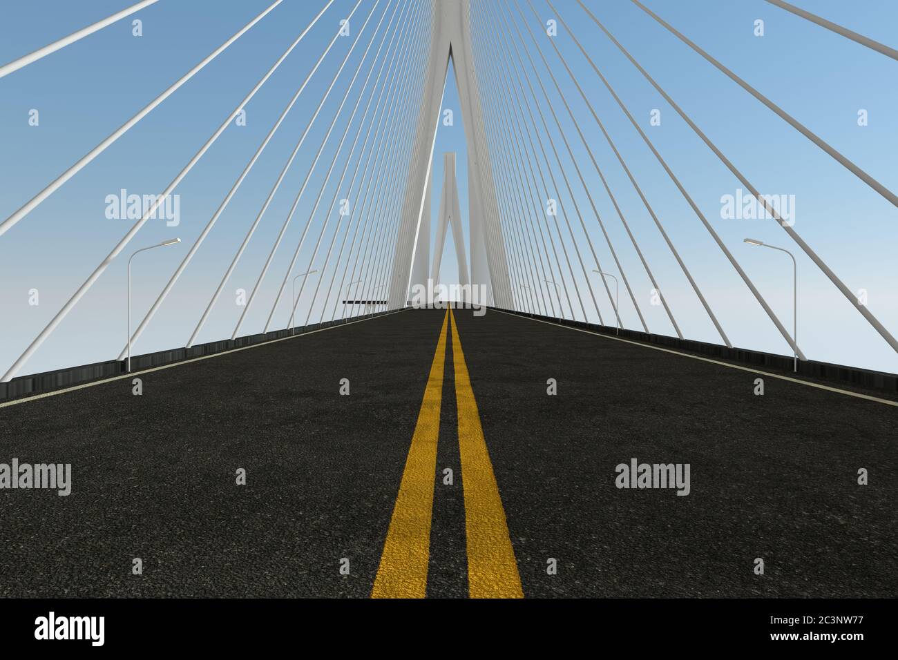 Asphalt road on the suspension bridge, 3d rendering. Computer digital ...