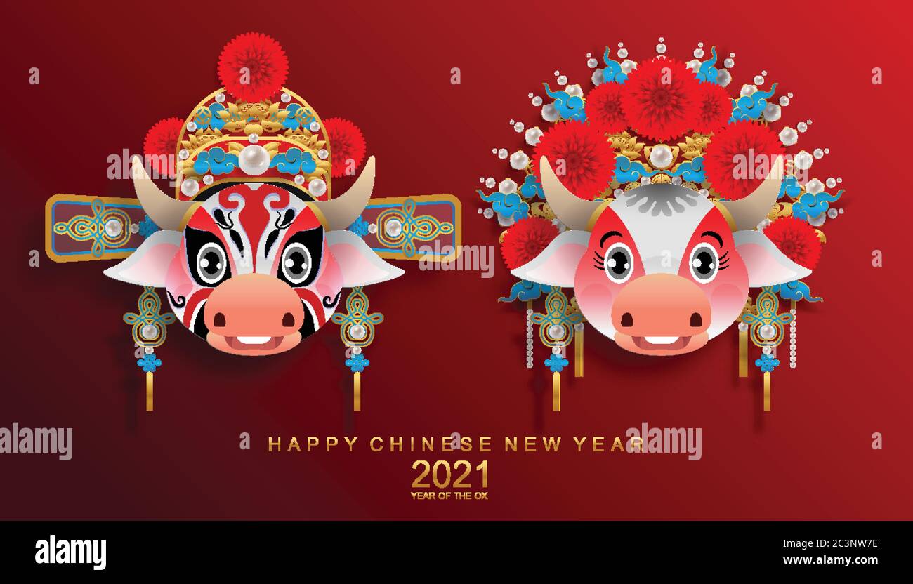 Chinese new year 2021 year of the ox , red paper cut ox character ...