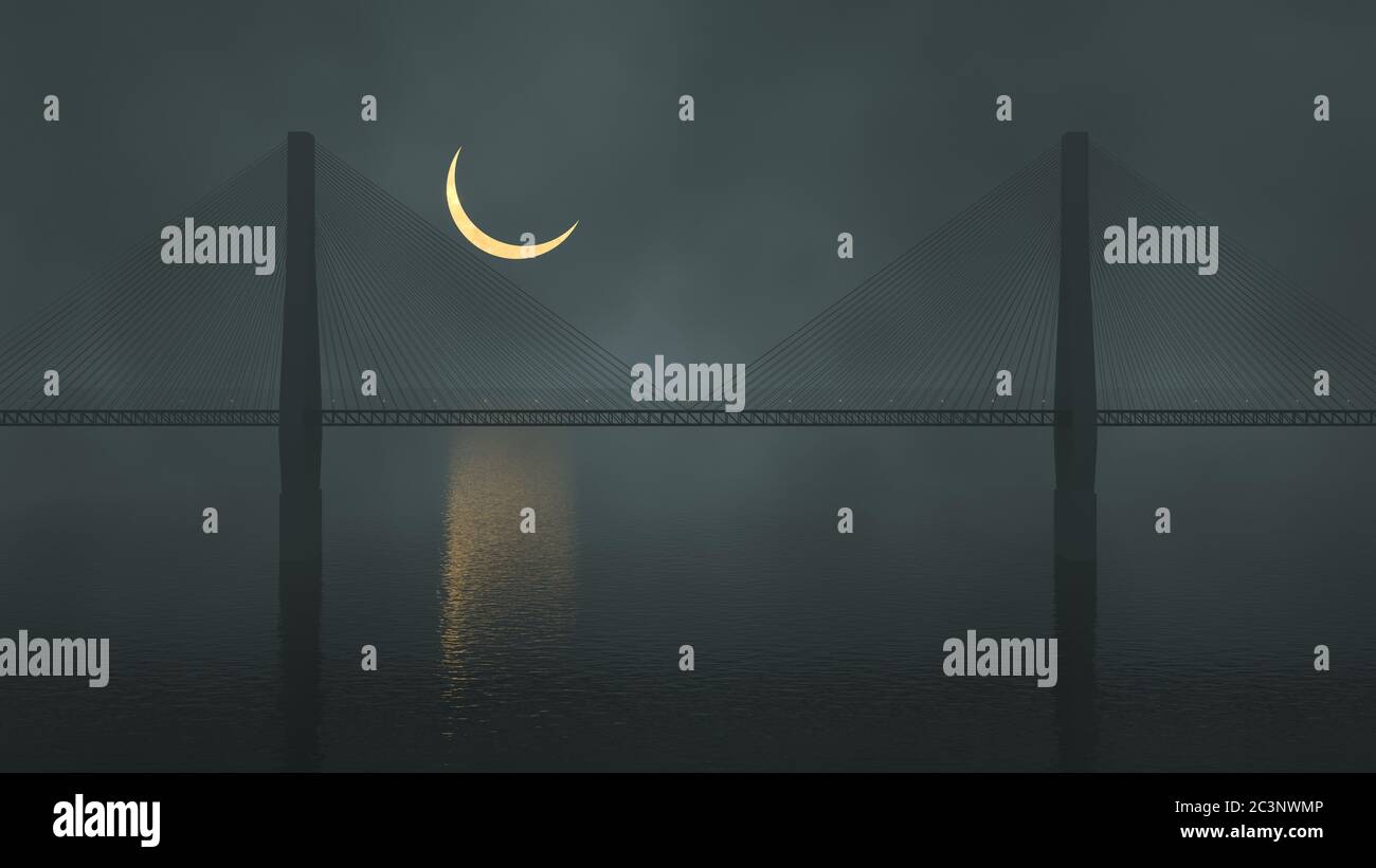 The suspension bridge over the lake at night, 3d rendering. Computer ...