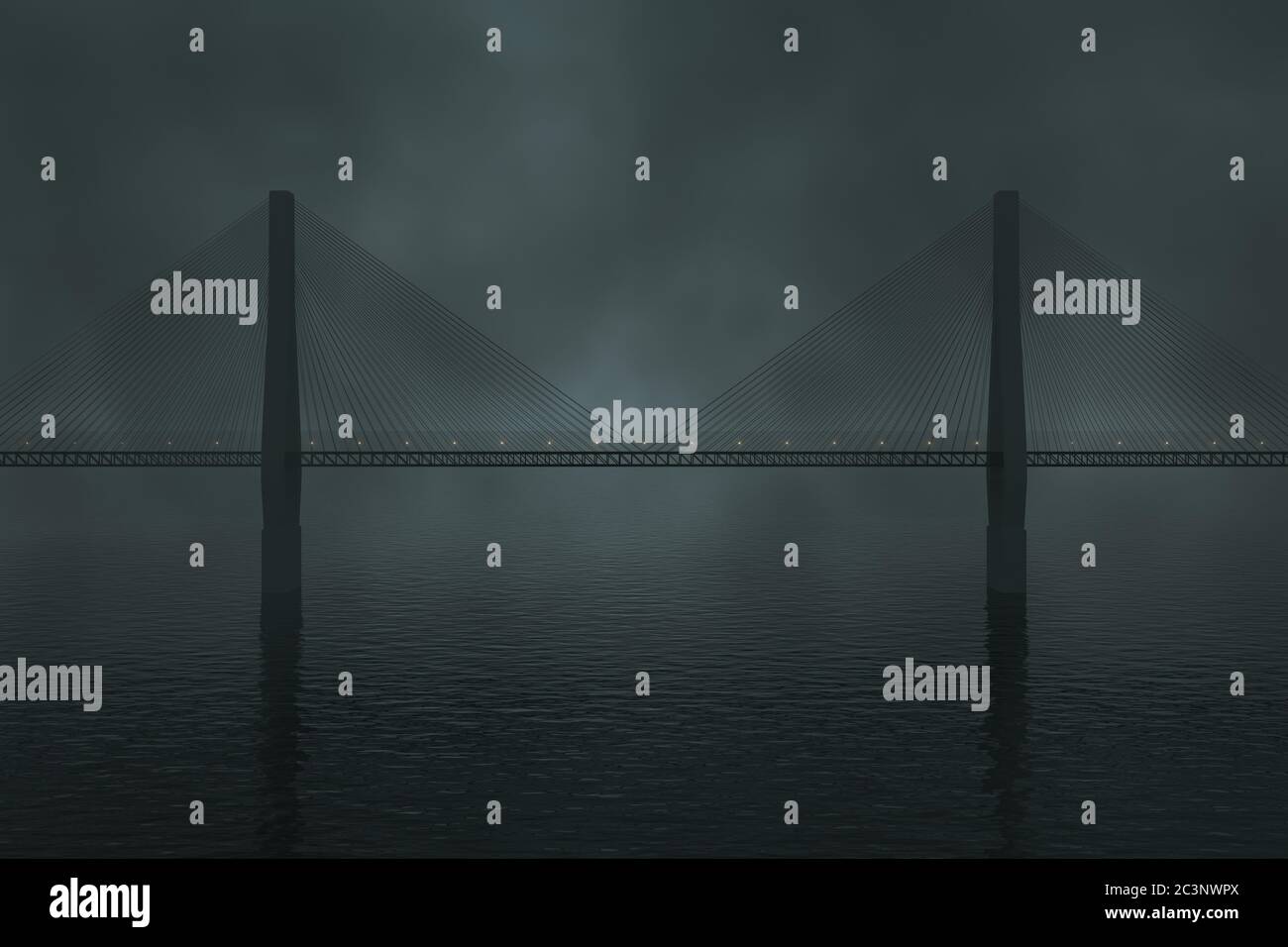 The suspension bridge over the lake at night, 3d rendering. Computer ...