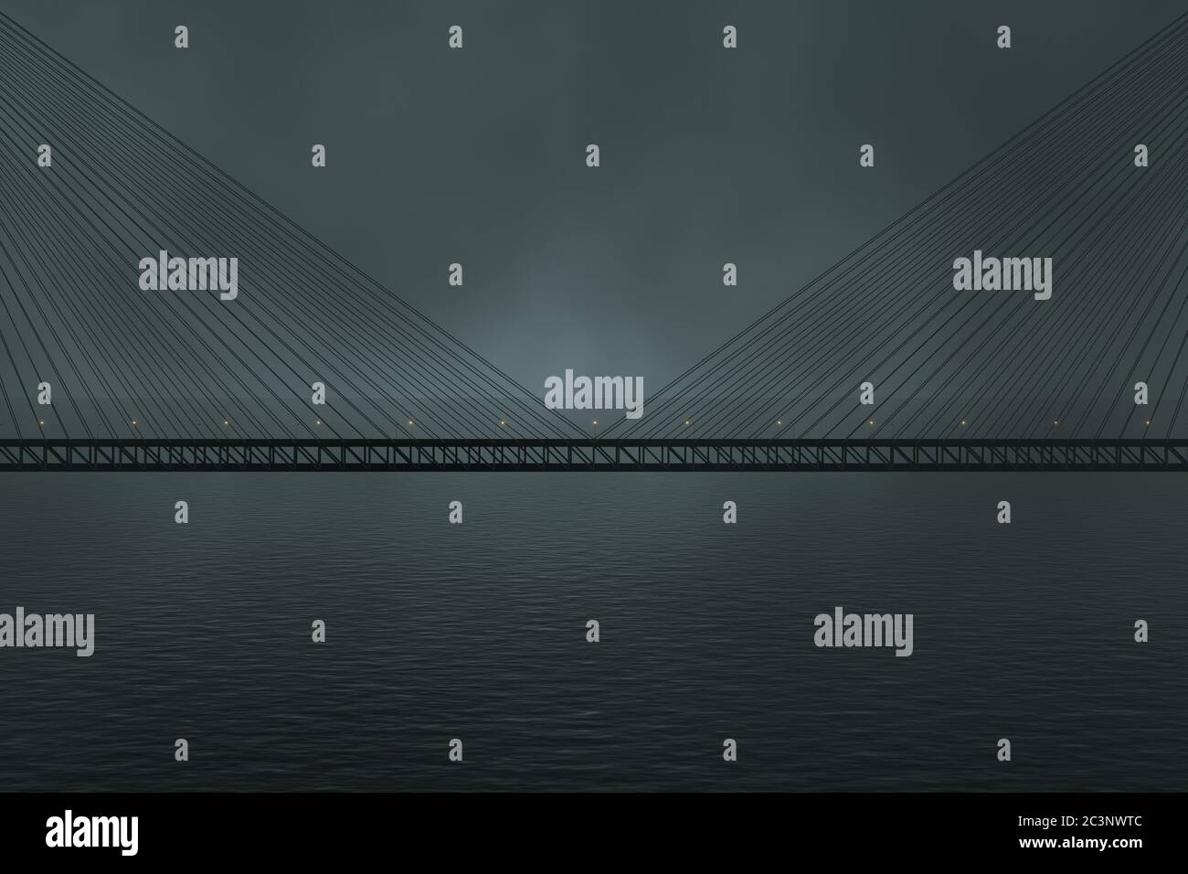 The suspension bridge over the lake at night, 3d rendering. Computer ...