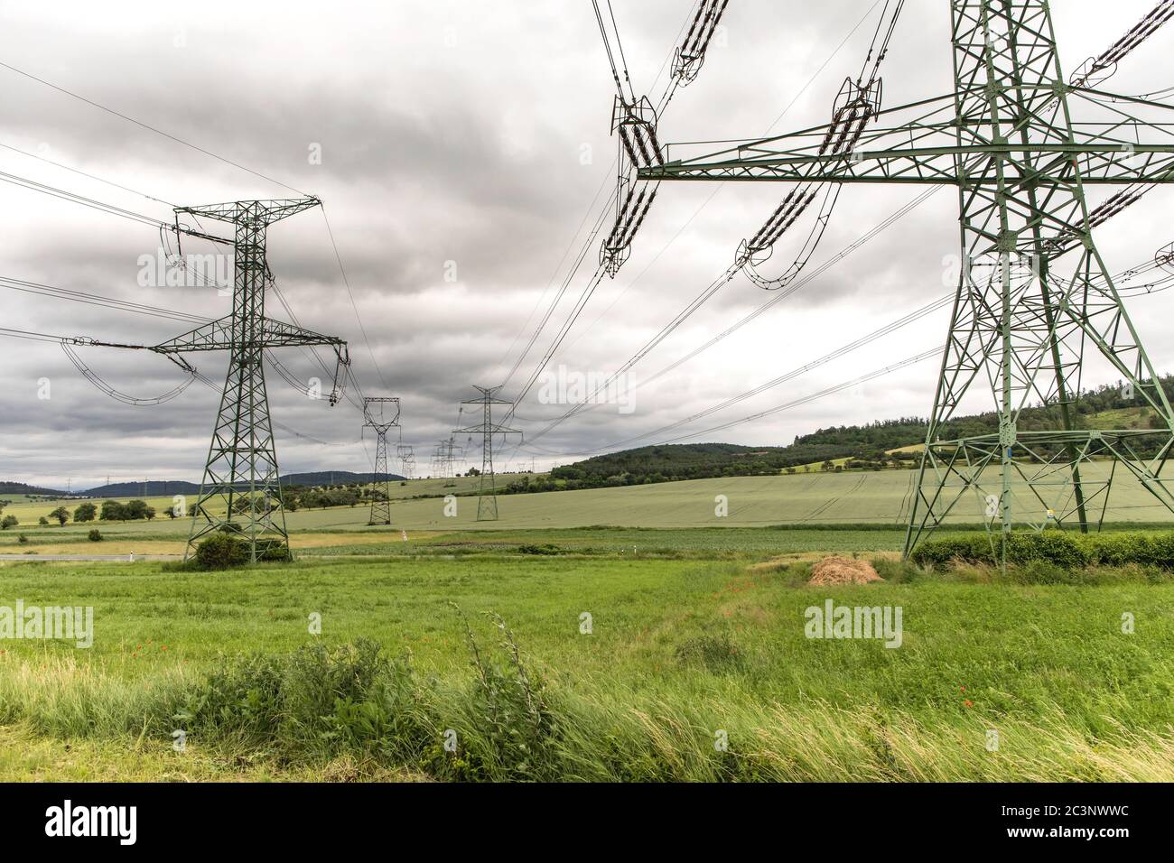 Electricity distribution - Czech Republic. Cloudy sky. high-voltage ...
