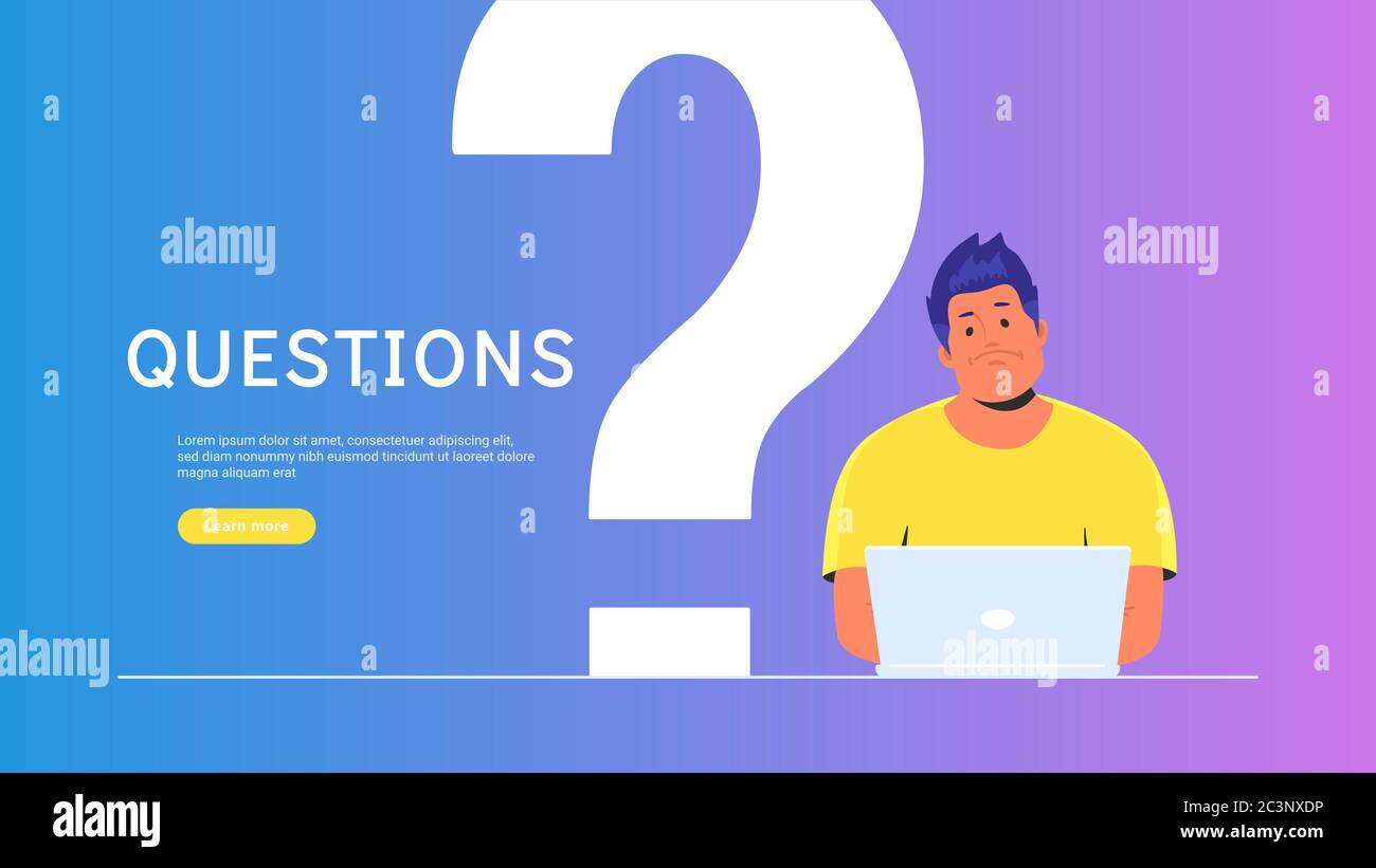 Upset and bored teenager sitting with laptop and big question symbol ...