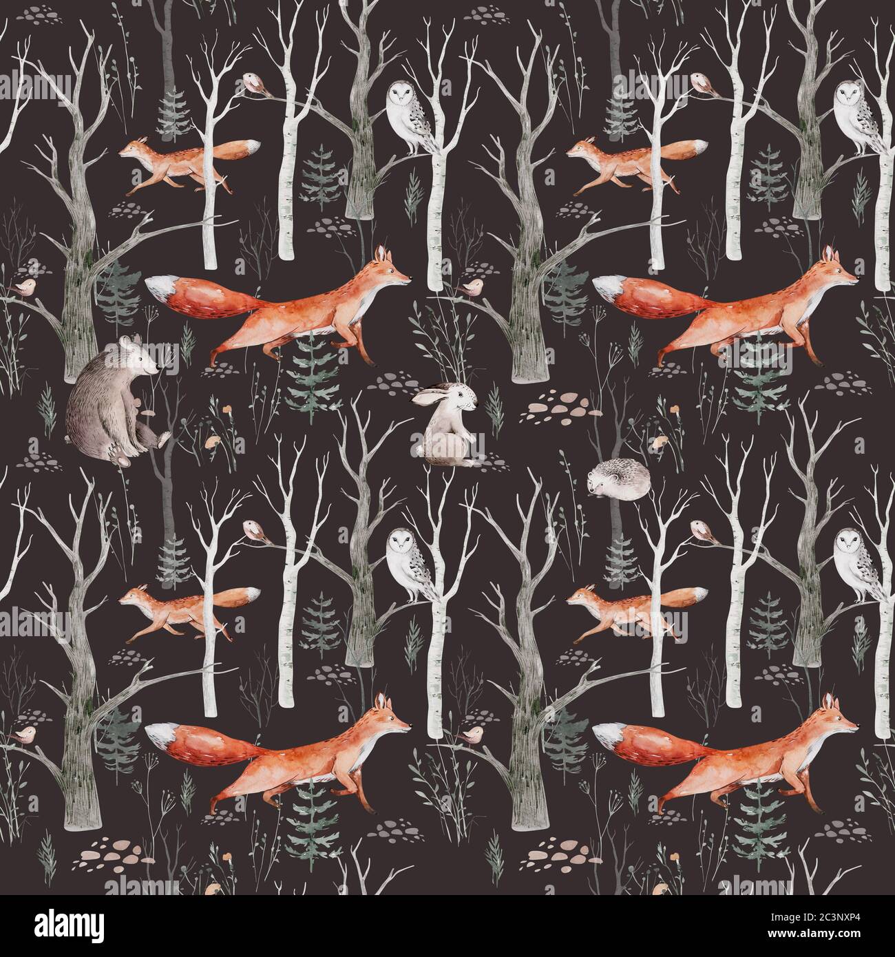 Watercolor Woodland animals seamless pattern. Fabric wallpaper ...