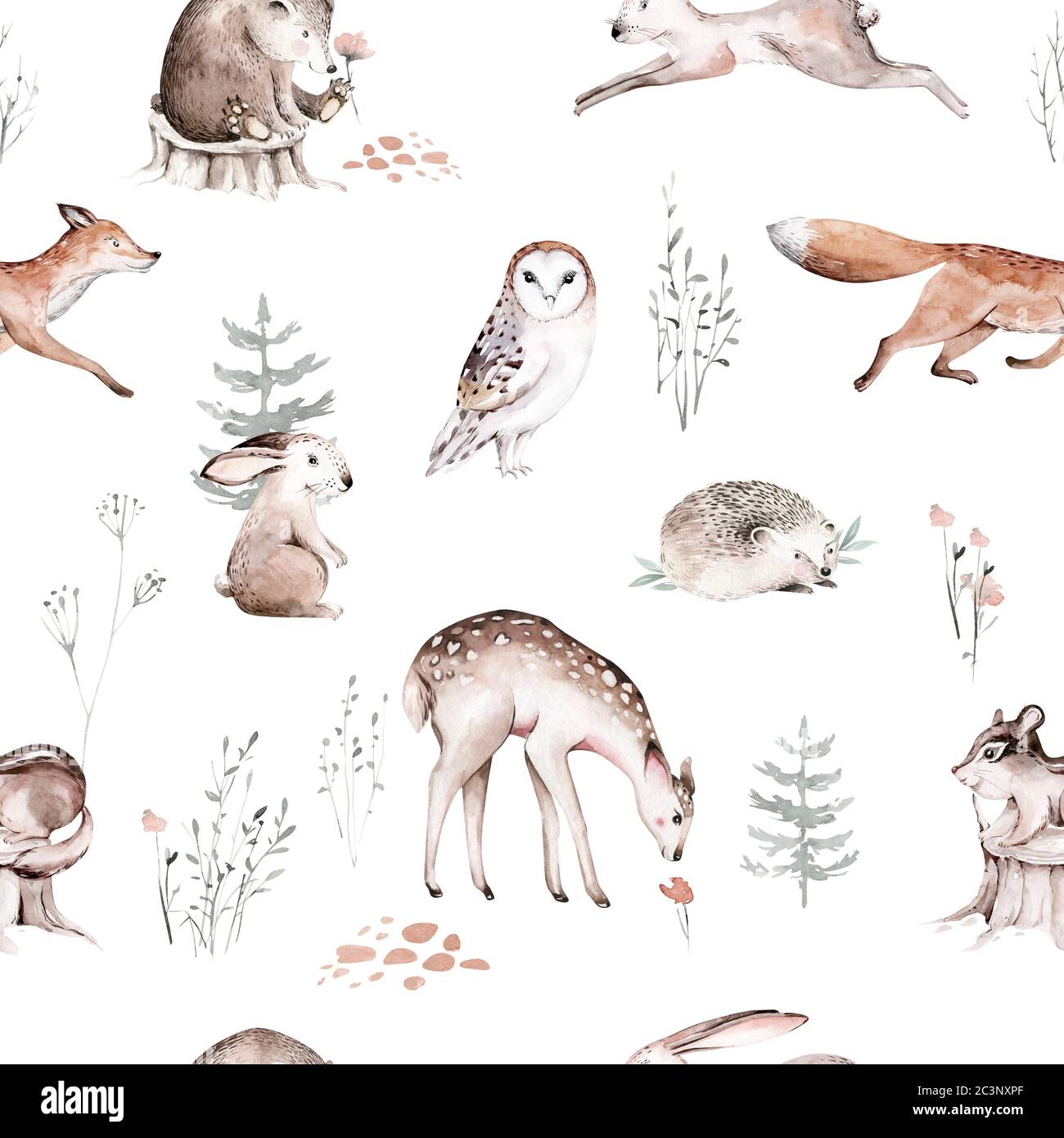 Sewing & Fiber Surface design Seamless pattern Owl Raccoon Woodland ...