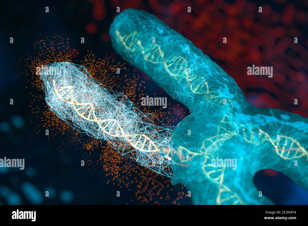 Mutation of chromosome with dark background, 3d rendering. Computer ...
