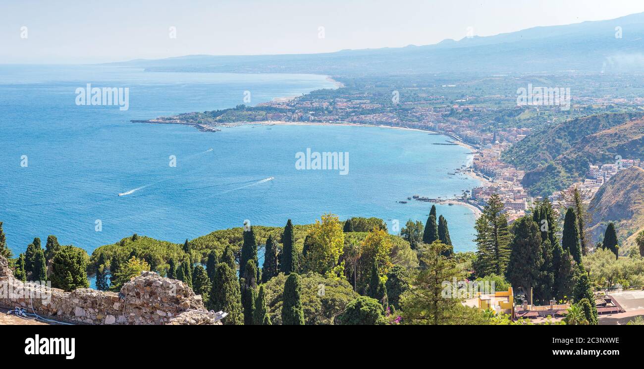 Panoramic aerial view of Taormina in Sicily, Italy in a beautiful ...
