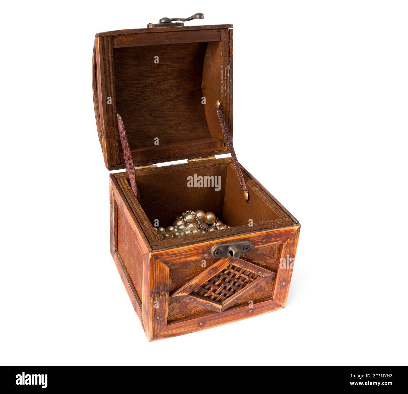 Antique jewelry trunk full with pearls, open cover. Isolated on white ...