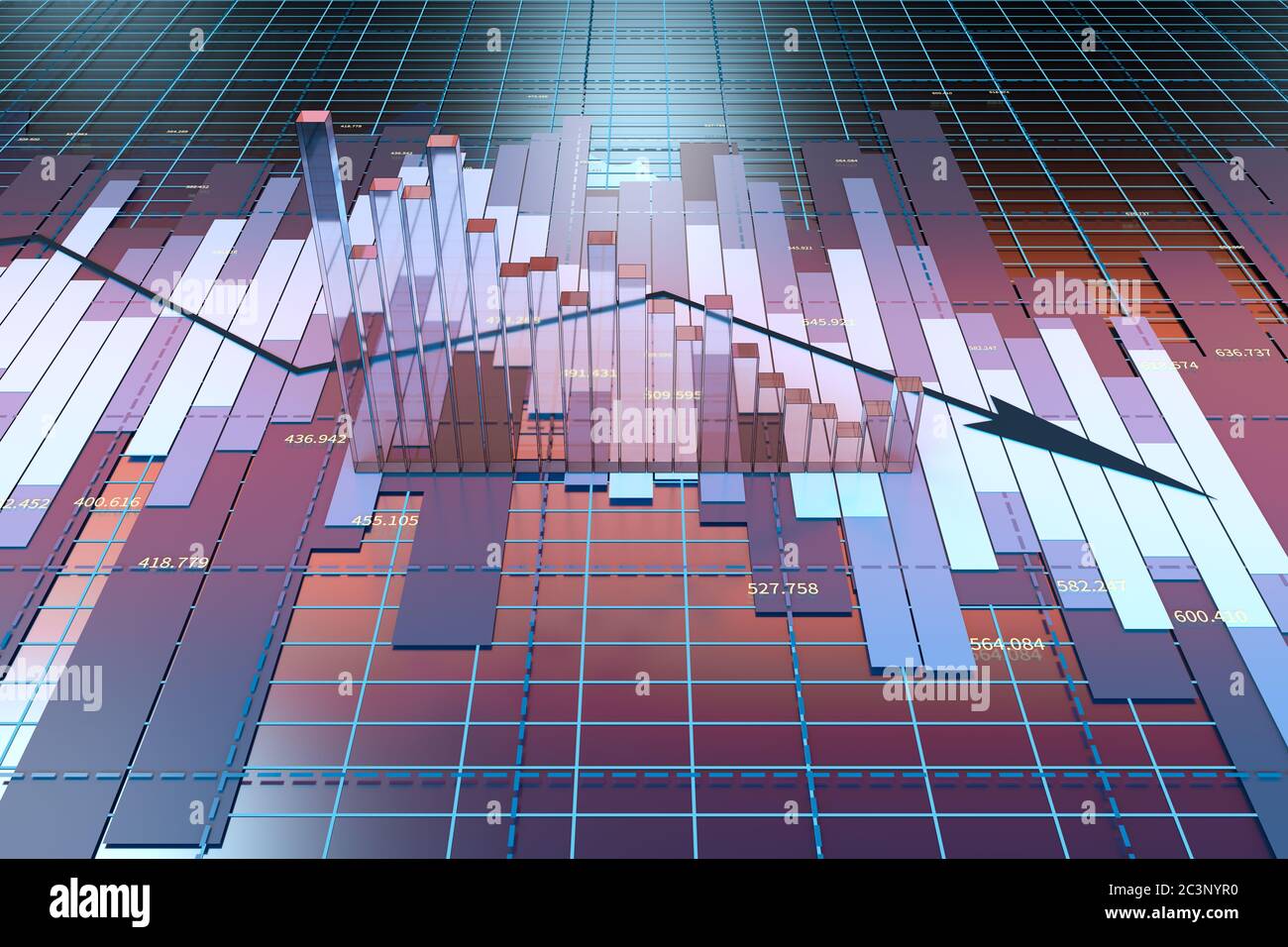 The decrease of the economical data, business statistics, 3d rendering ...