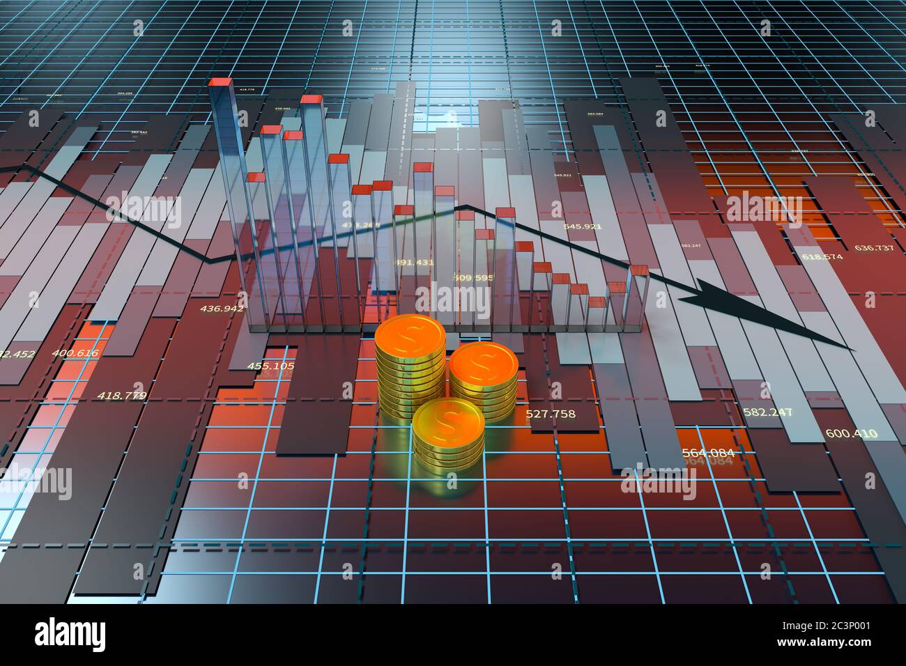 The decrease of the economical data, business statistics, 3d rendering ...