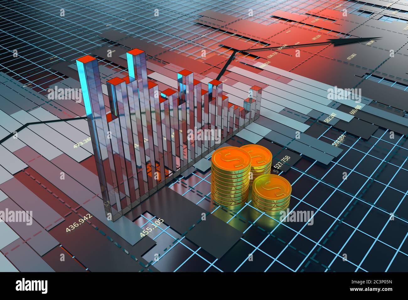 The decrease of the economical data, business statistics, 3d rendering ...