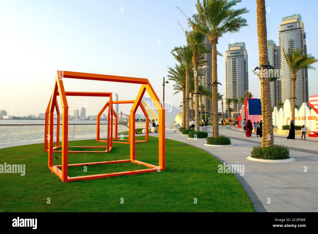 Dubai / UAE - June 19, 2020: Dubai Creek Harbour promenade/walk with ...