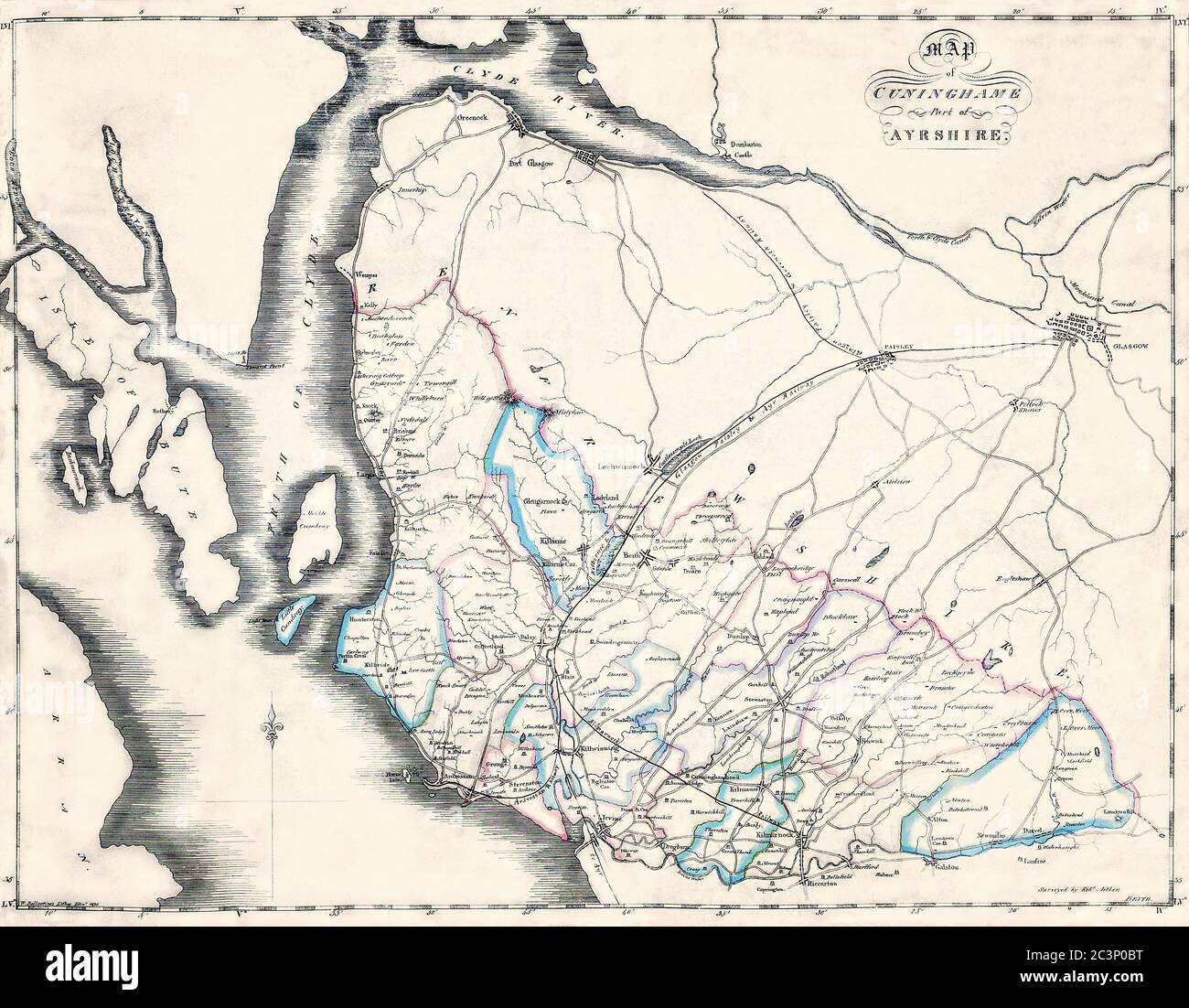 Old map of Cunninghame parish of Ayrshire showing the Firth of Clyde ...