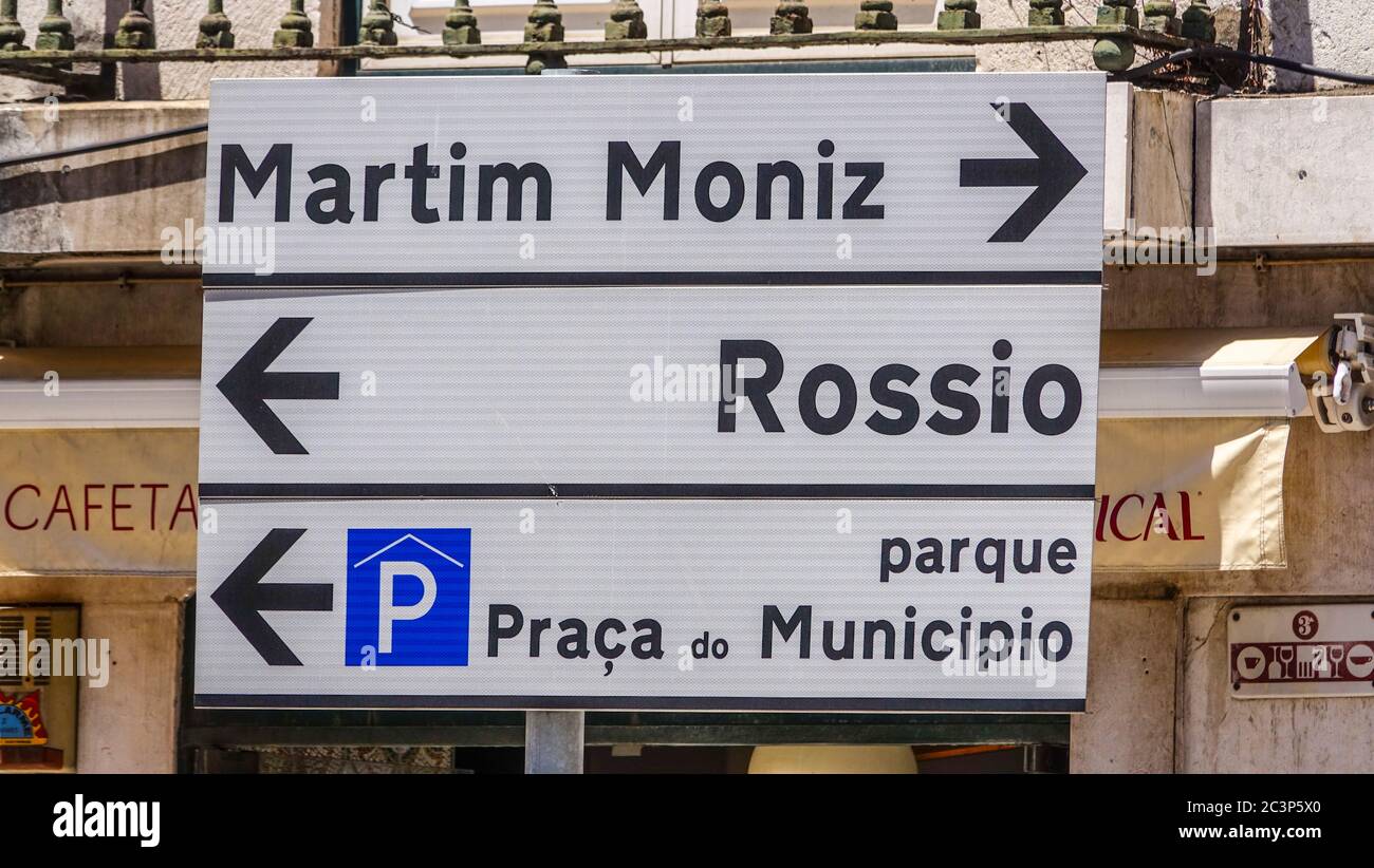 Direction signs in Lisbon leading to Rossio and Martim Moniz Stock ...
