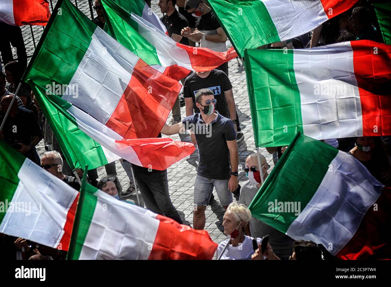 Rome, Italy. 20th June, 2020. Rome, national event Masks Tricolori in Piazza Bocca della Verita ...