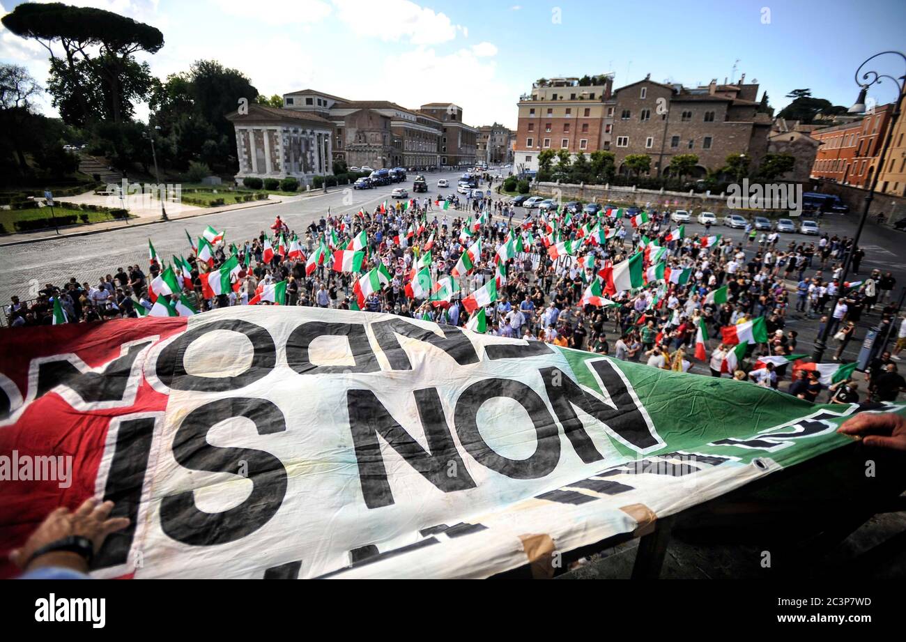 Rome, Italy. 20th June, 2020. Rome, national event Masks Tricolori in Piazza Bocca della Verita ...