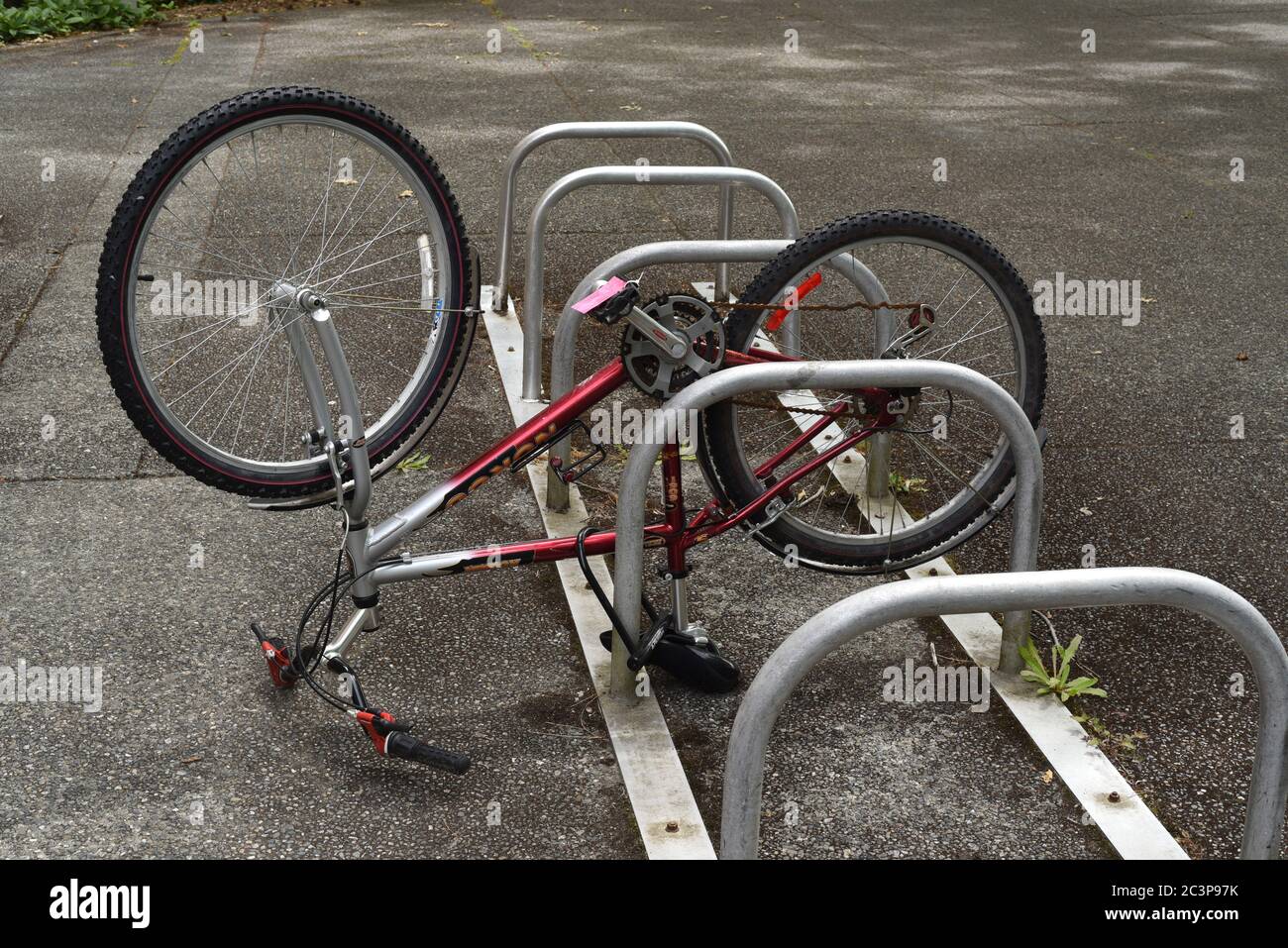 An abandoned biicycle locked to a bike rack sits upside down on the University of Victoria (UVic ...
