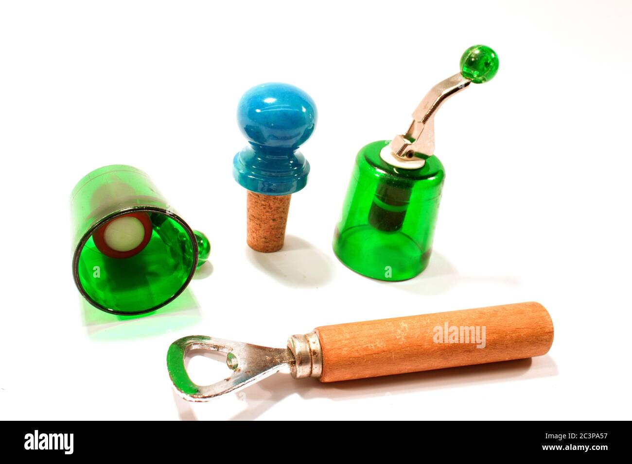Closeup shot of different types of tools to open bottles on an isolated ...