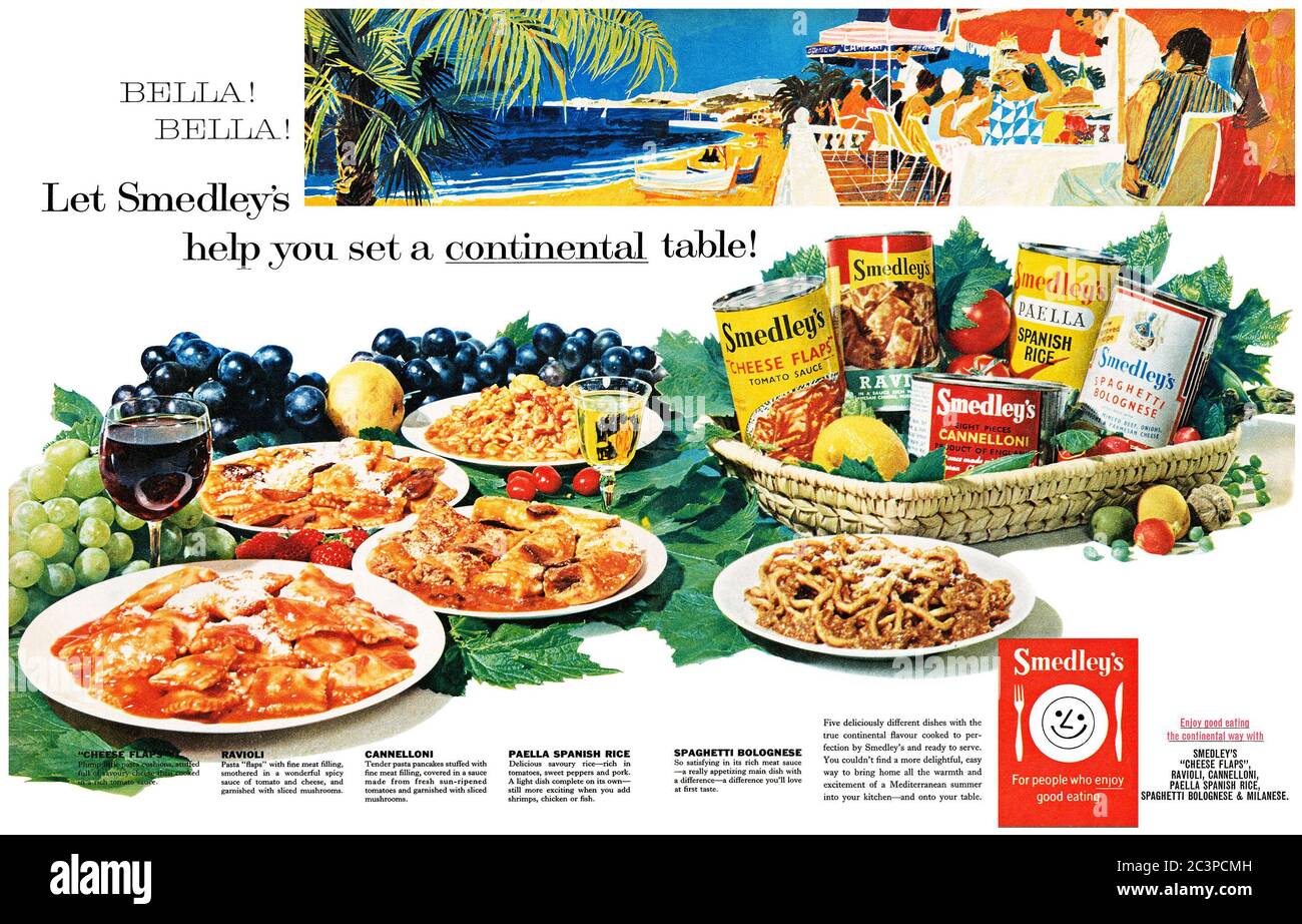 1963 British double page advertisement for Smedley's tinned pasta foods ...