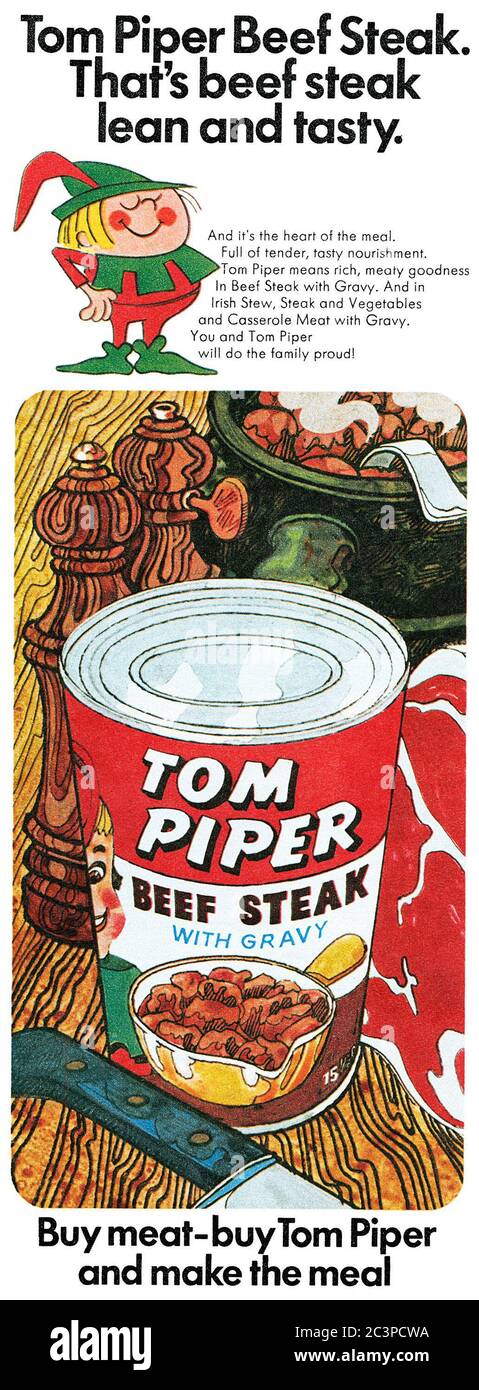1969 British advertisement for Tom Piper tinned beef steak with gravy ...