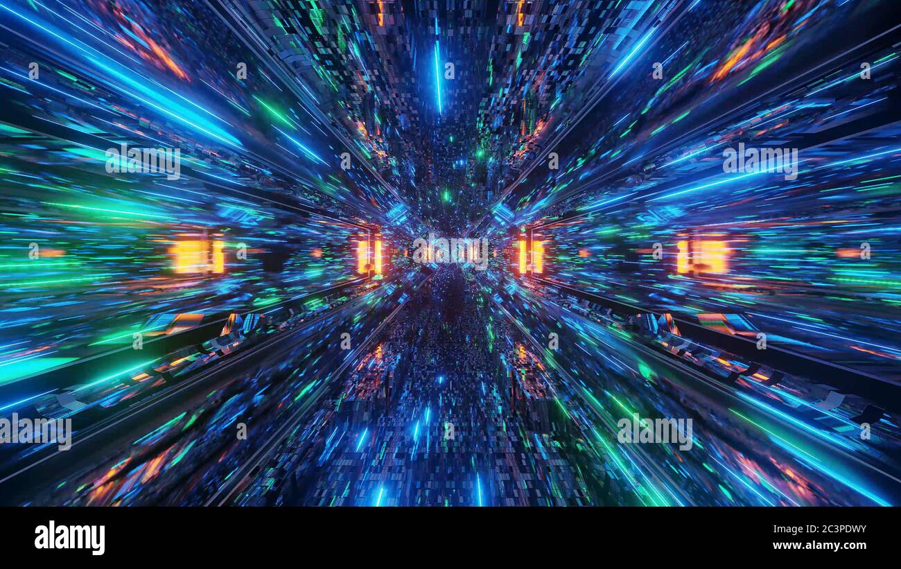 Cosmic background of a 3D rendering of blue green orange lights ...