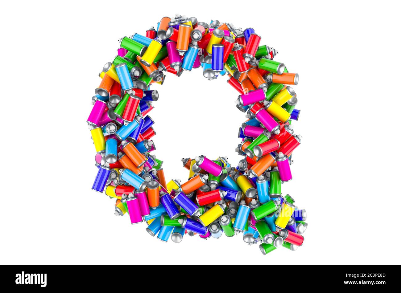 Letter Q from colored spray paint cans, 3D rendering isolated on white ...