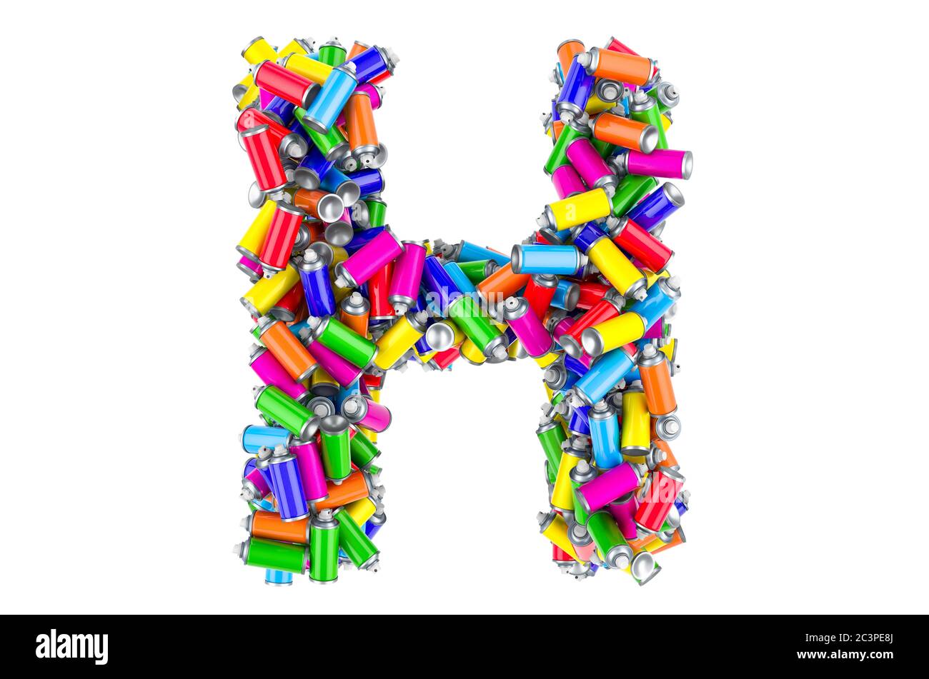Letter H from colored spray paint cans, 3D rendering isolated on white ...