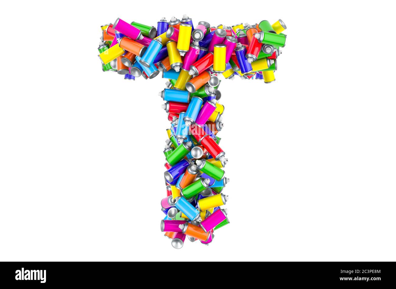 Letter T from colored spray paint cans, 3D rendering isolated on white ...