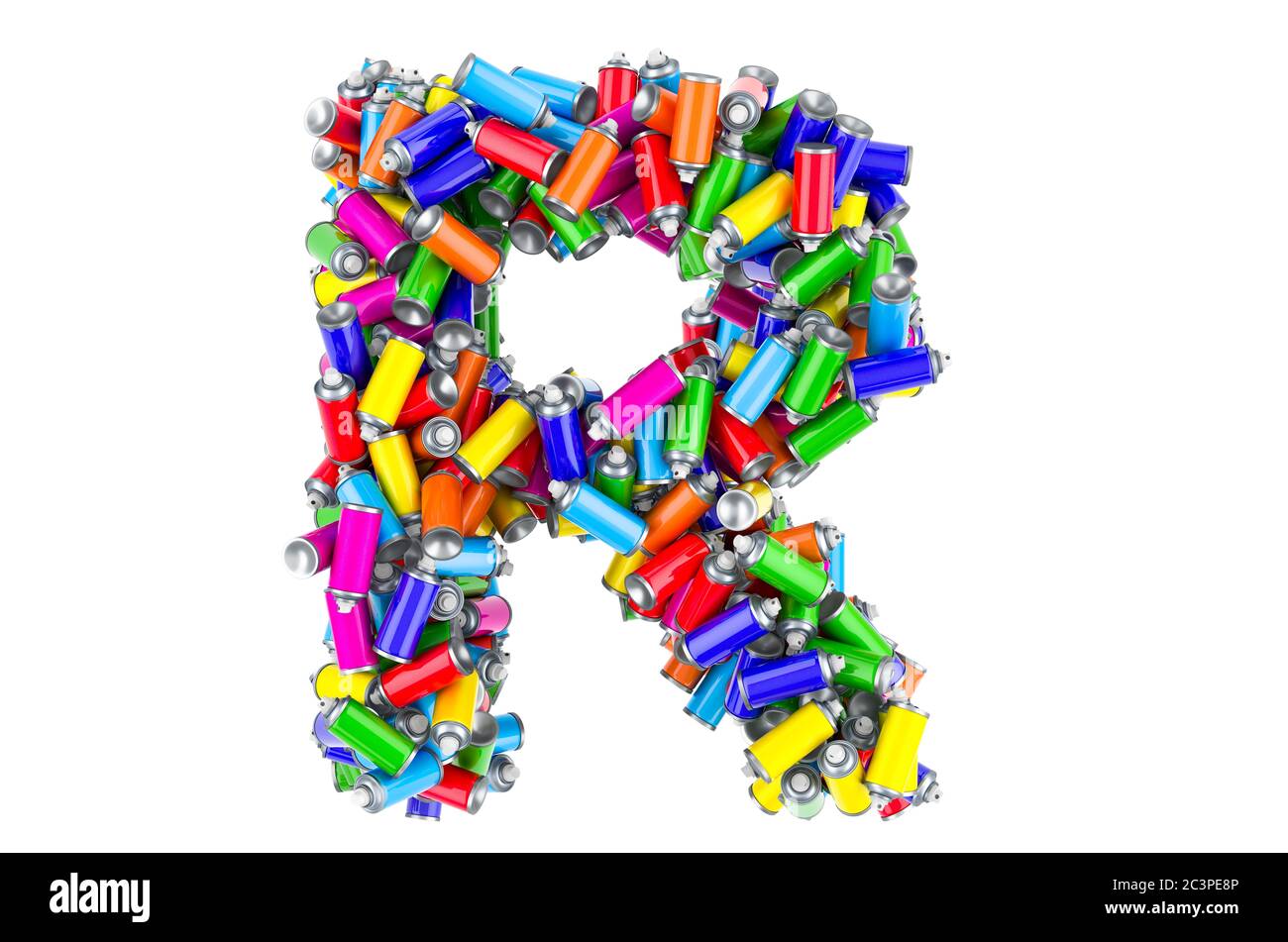 Letter R from colored spray paint cans, 3D rendering isolated on white ...