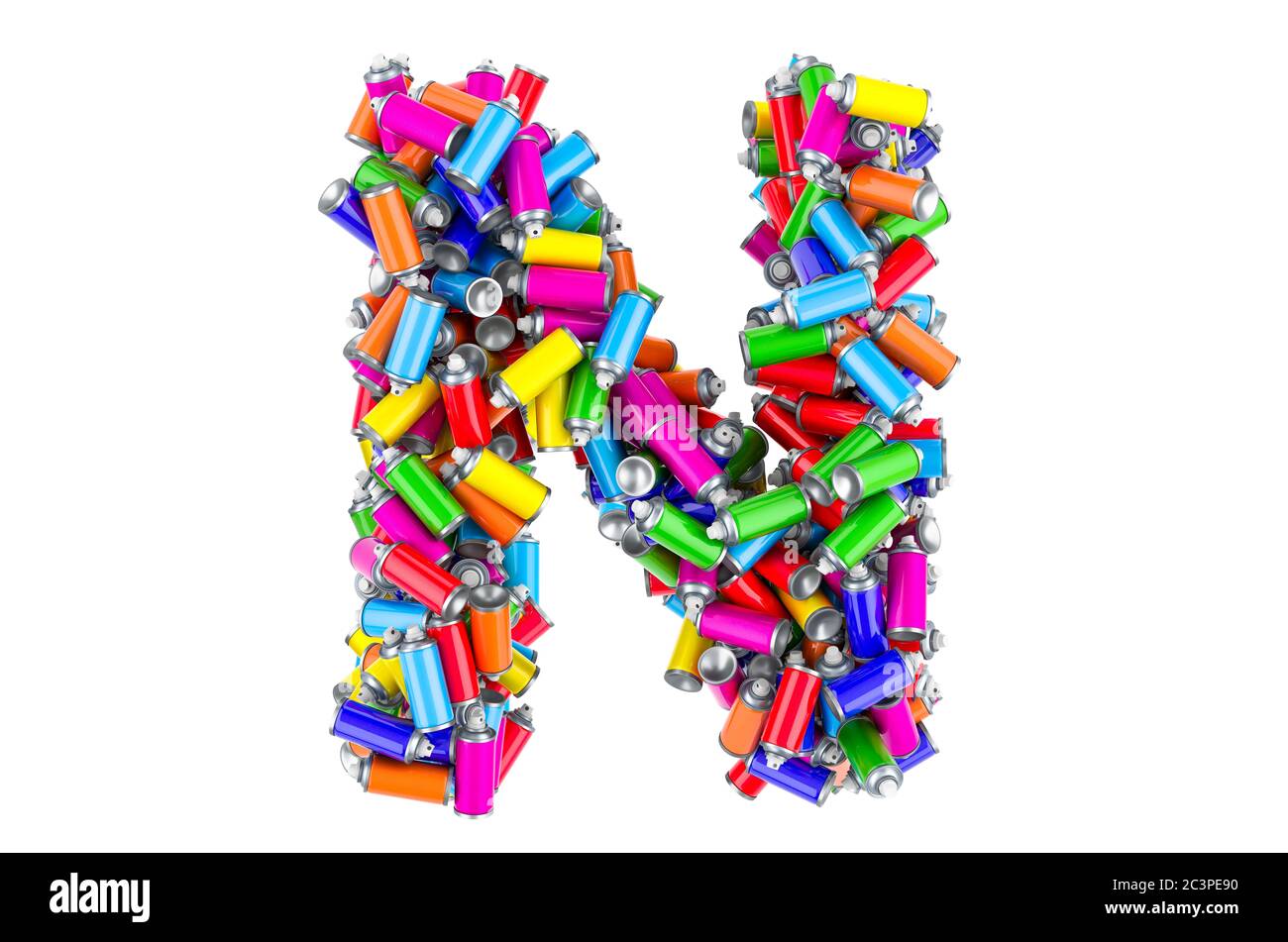 Letter N from colored spray paint cans, 3D rendering isolated on white ...