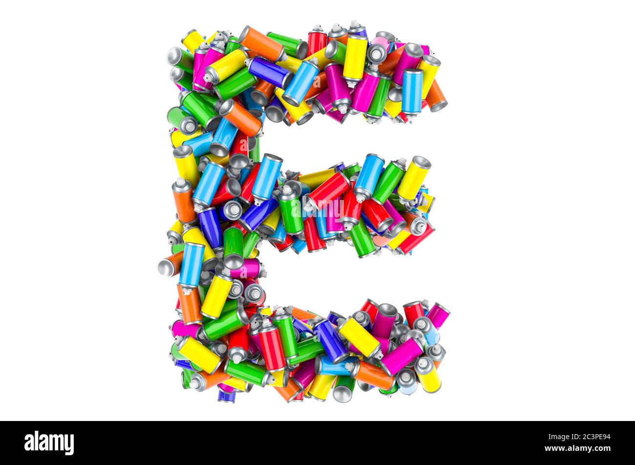 Letter E from colored spray paint cans, 3D rendering isolated on white ...