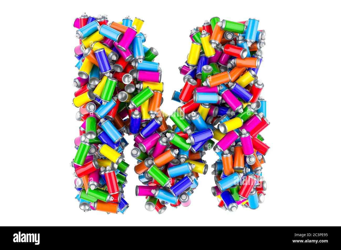Letter M from colored spray paint cans, 3D rendering isolated on white ...