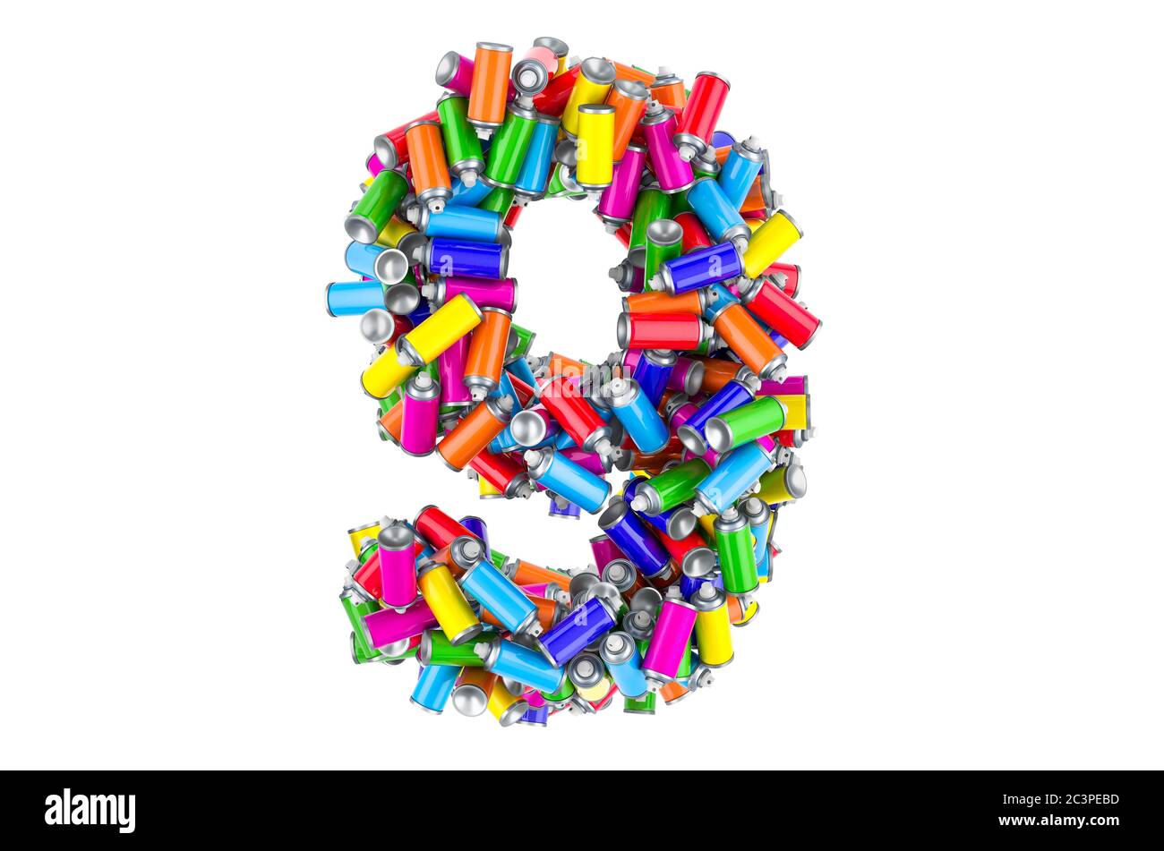 Number 9 from colored spray paint cans, 3D rendering isolated on white ...