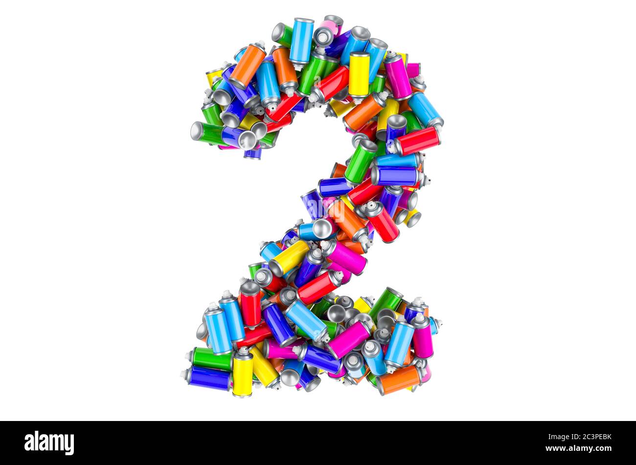Number 2 from colored spray paint cans, 3D rendering isolated on white ...