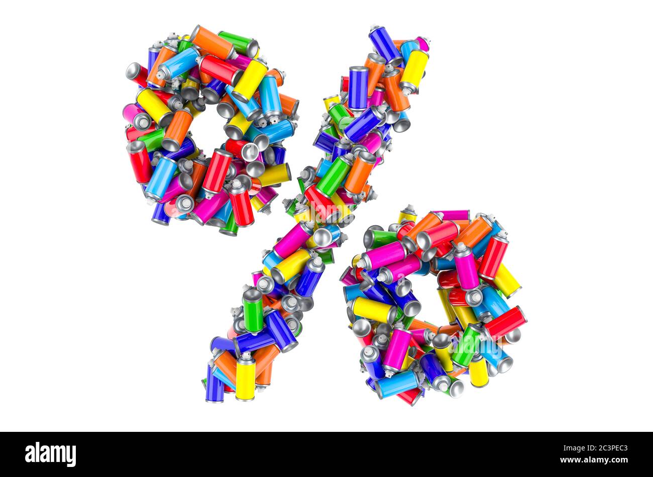 Percent symbol from colored spray paint cans, 3D rendering isolated on ...