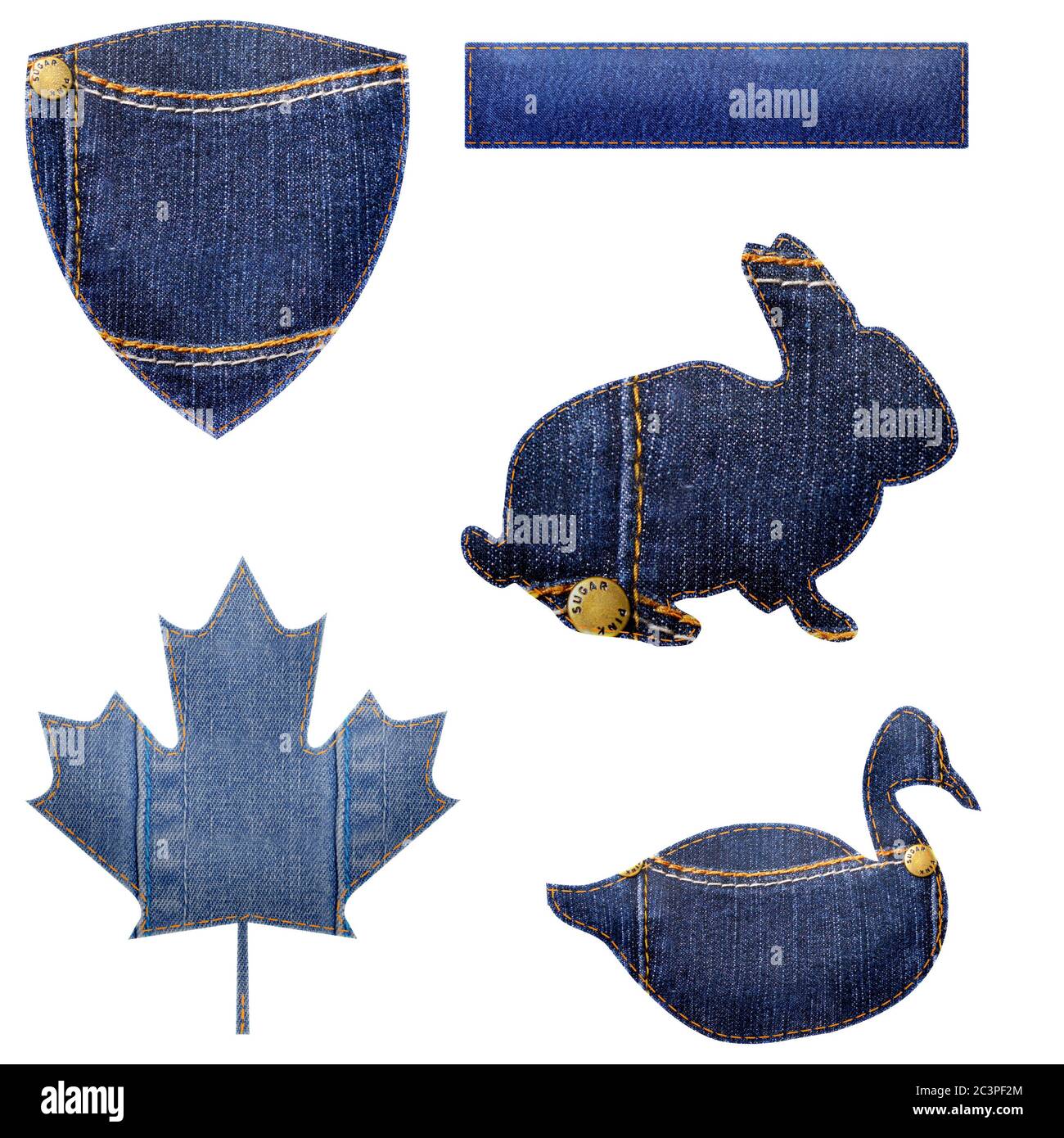 A maple leaf, a jean pocket, and a stuffed rabbit and a duck made of ...