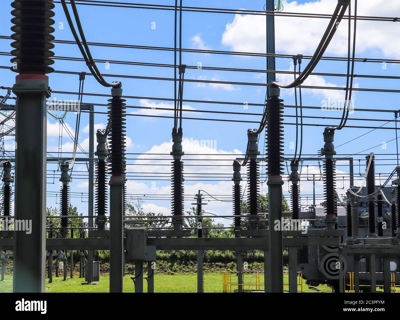 Electrical Transformer. Distribution of electric energy at a big ...
